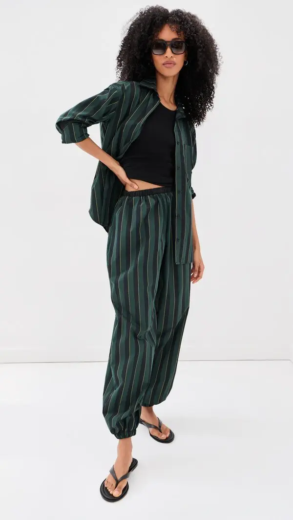 LE BOP Adeline Balloon Pants In Striped Cotton - Hunter Stripe