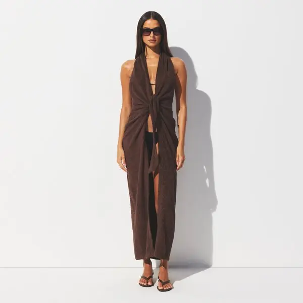 SKIMS Terry Deep Plunge Halter Wrap Dress - Dark Sepia