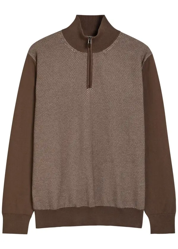 Canali Textured Half-zip Cotton Jumper - Brown