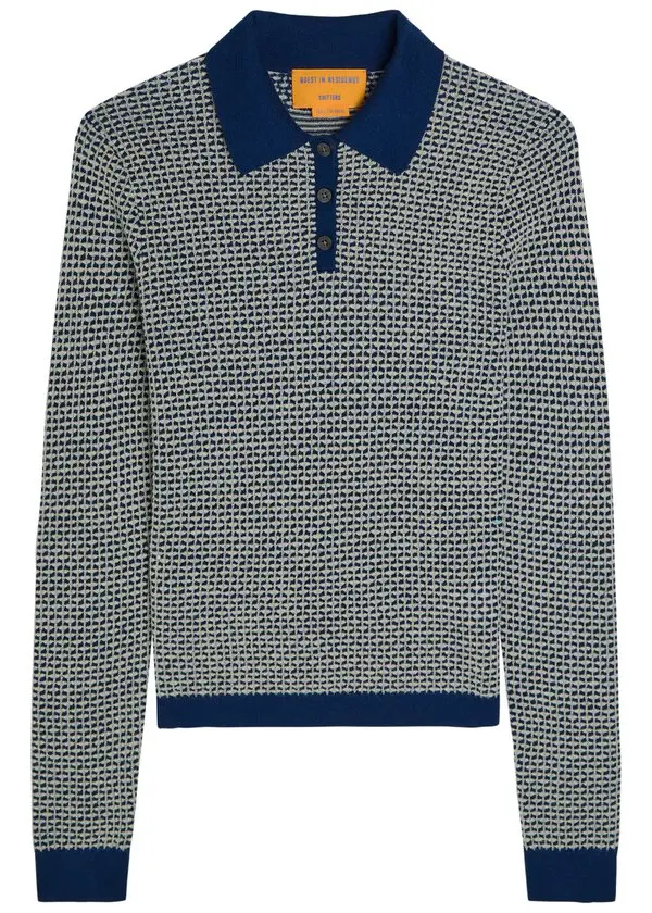 Guest In Residence Shrunken Patterned Cashmere Polo Top - Navy