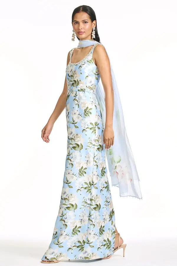 Sachin & Babi Floral Mikado Column Gown - Sky Camellia