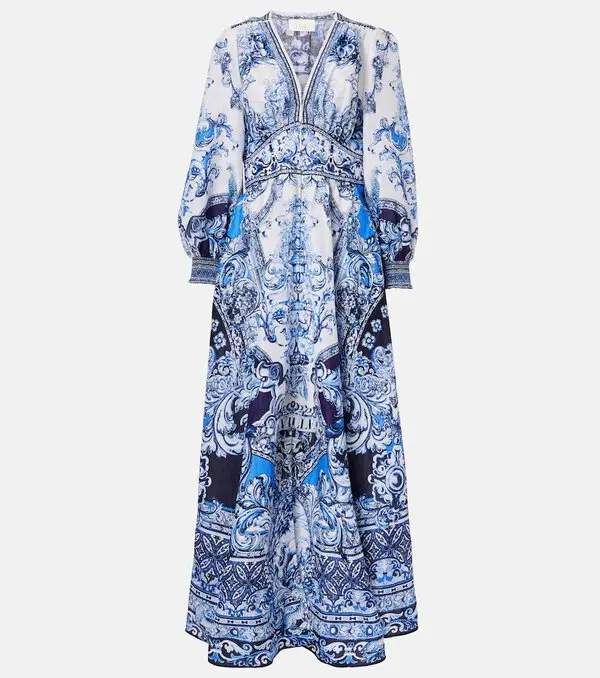 Camilla Printed Linen And Silk Maxi Dress - Blue