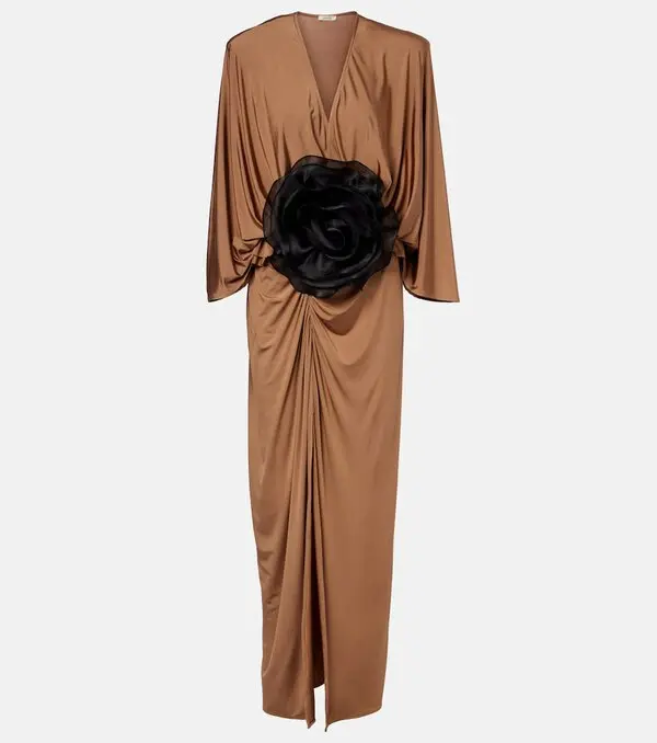 JACQUES WEI Floral-appliqué Jersey Maxi Dress - Brown