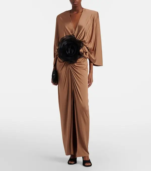 JACQUES WEI Floral-appliqué Jersey Maxi Dress - Brown