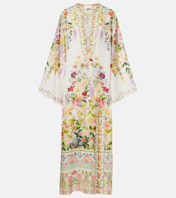 Camilla Floral Linen Kaftan - White