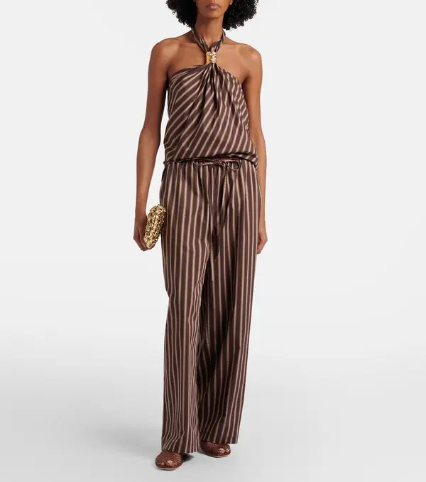 JACQUES WEI Gathered Striped Cotton-blend Top