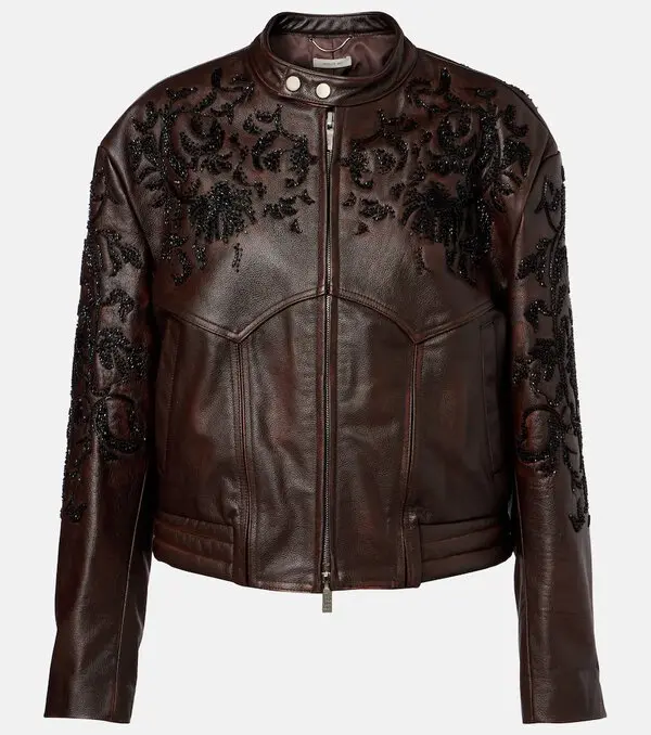 JACQUES WEI Beaded Leather Jacket - Brown