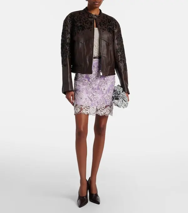 JACQUES WEI Beaded Leather Jacket - Brown