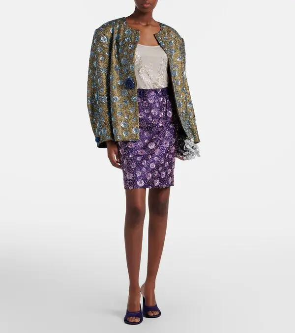 JACQUES WEI Floral Sequined Pencil Skirt