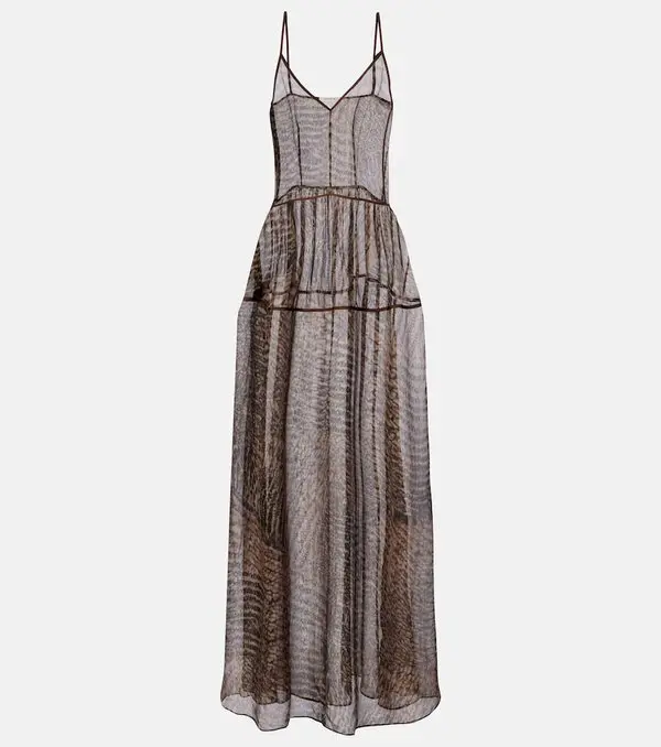 JACQUES WEI Printed Semi-sheer Silk Maxi Dress