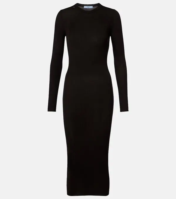 Prada Ribbed-knit Virgin Wool Midi Dress - Brown