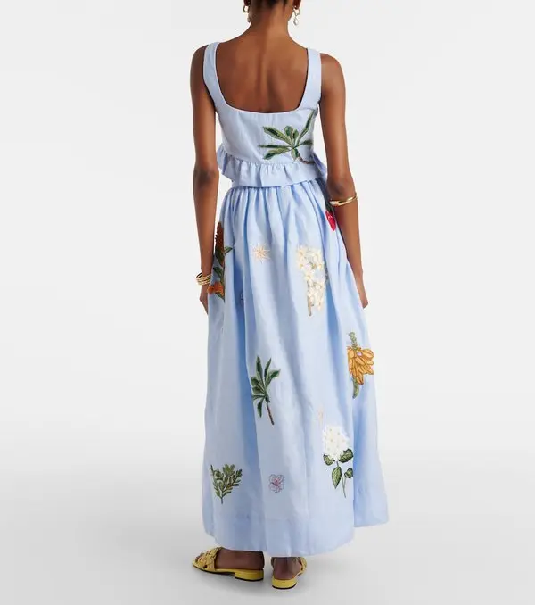 Agua Bendita Linen Maxi Skirt With Embroidered Motifs