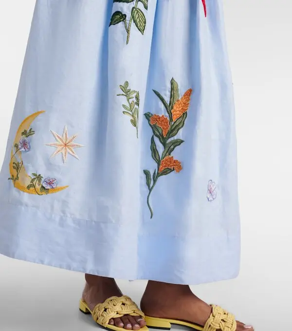 Agua Bendita Linen Maxi Skirt With Embroidered Motifs