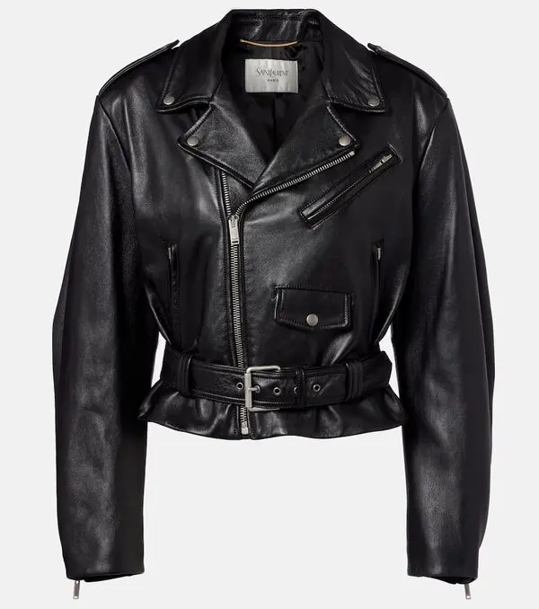 Saint Laurent Cropped Leather Biker Jacket - Black