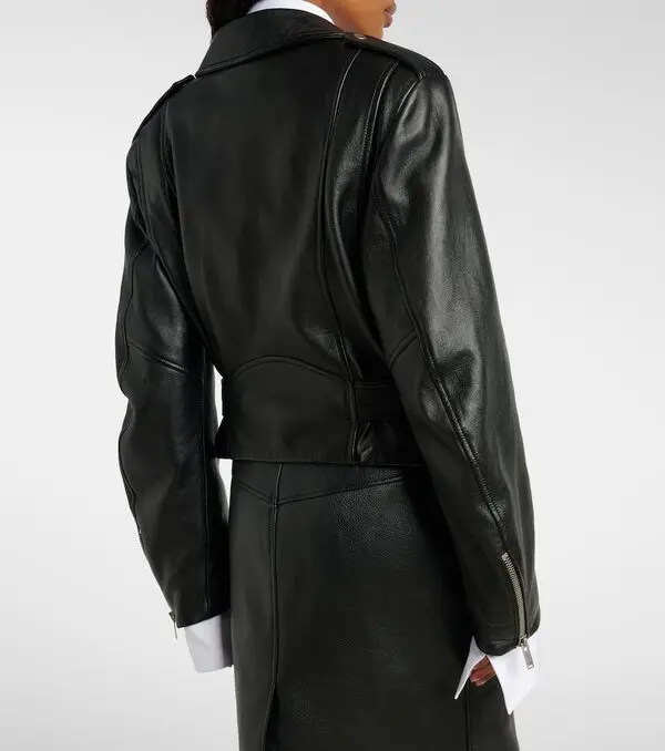 Saint Laurent Cropped Leather Biker Jacket - Black