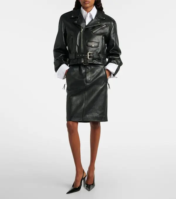 Saint Laurent Cropped Leather Biker Jacket - Black