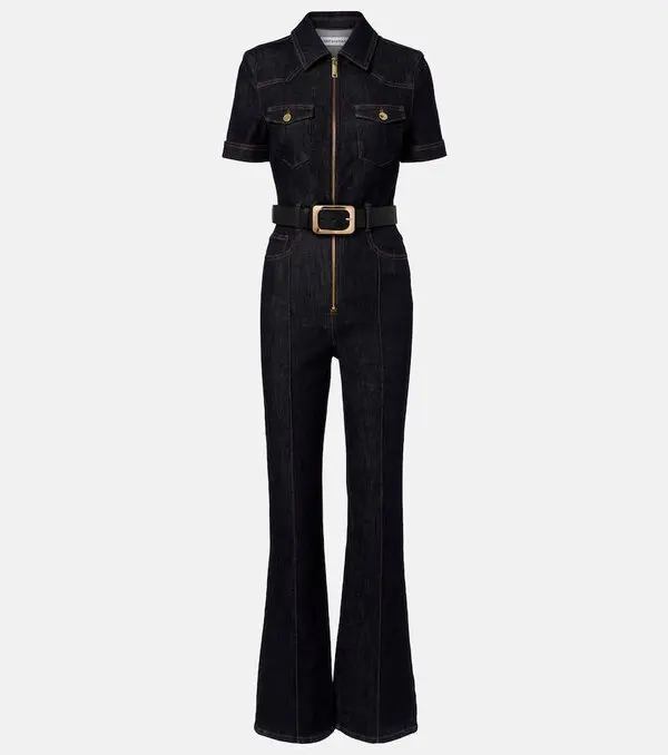 SELF-PORTRAIT Belted Denim Jumpsuit - Blue