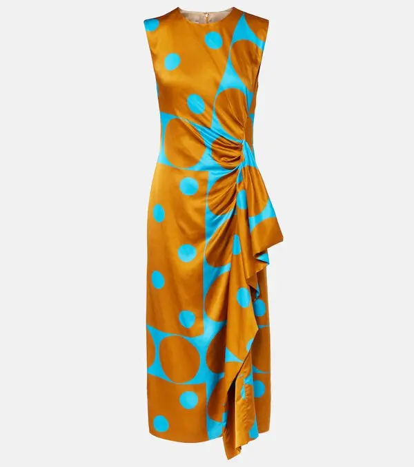 Dries Van Noten Draped Printed Satin Midi Dress - Orange