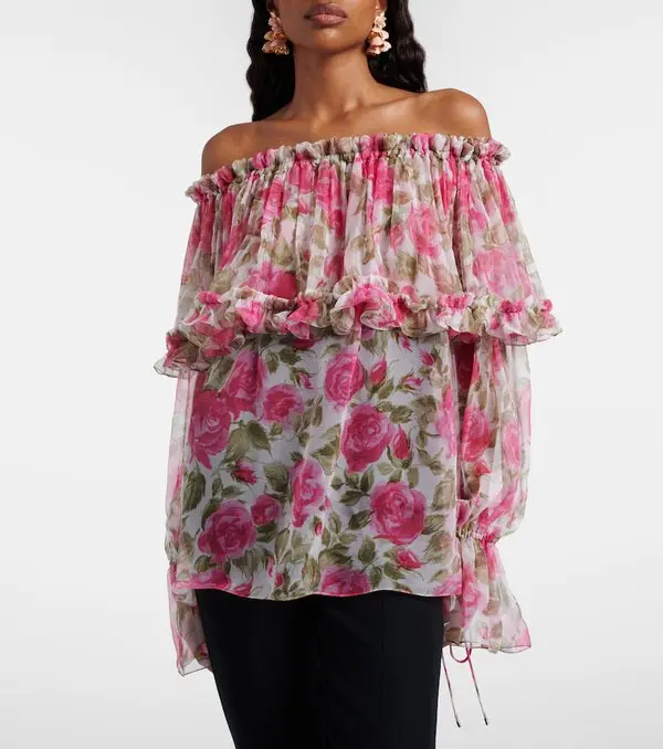 Chloé Floral Off-shoulder Silk Top - Pink