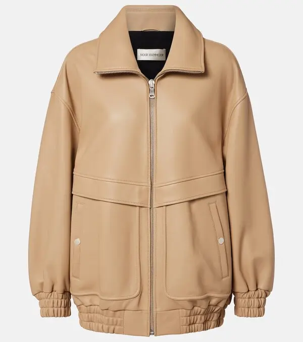 Nour Hammour Lamb Leather Bomber Jacket - Beige