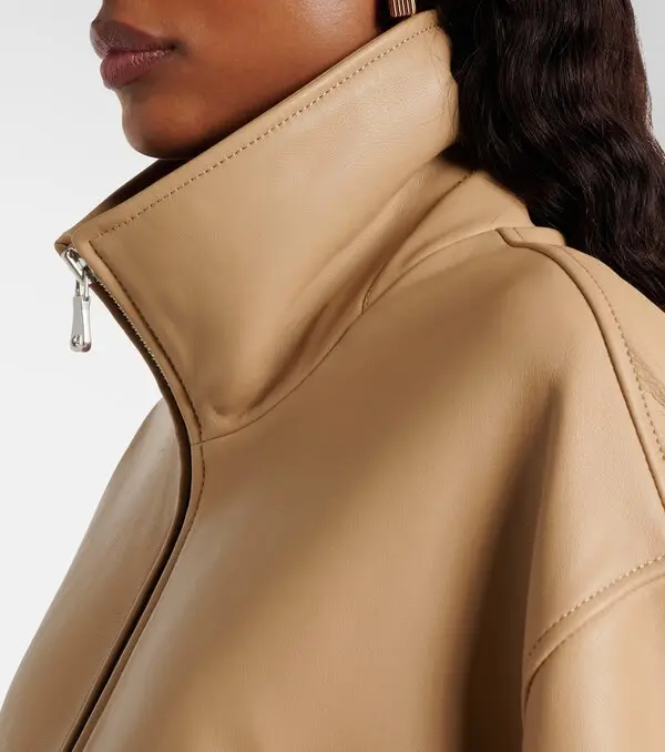 Nour Hammour Lamb Leather Bomber Jacket - Beige