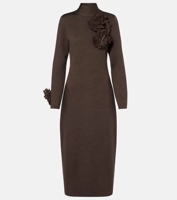 Oscar De La Renta Floral-appliqué Wool-blend Midi Dress - Brown