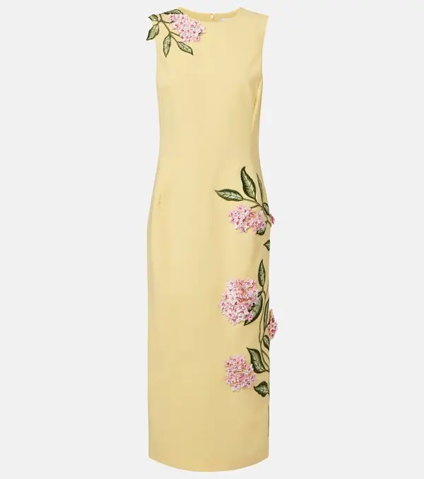 Oscar De La Renta Floral-appliqué Wool-blend Midi Dress - Yellow