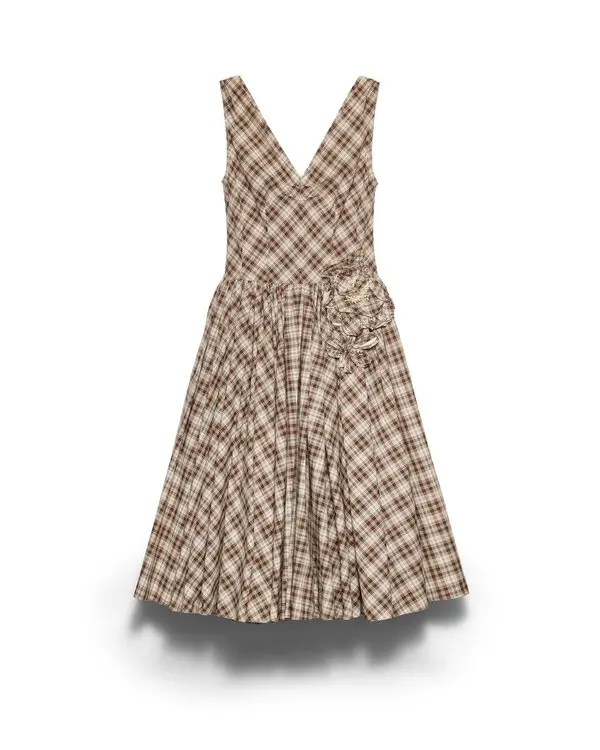 Prada Embroidered Checked Poplin Dress - Neutral