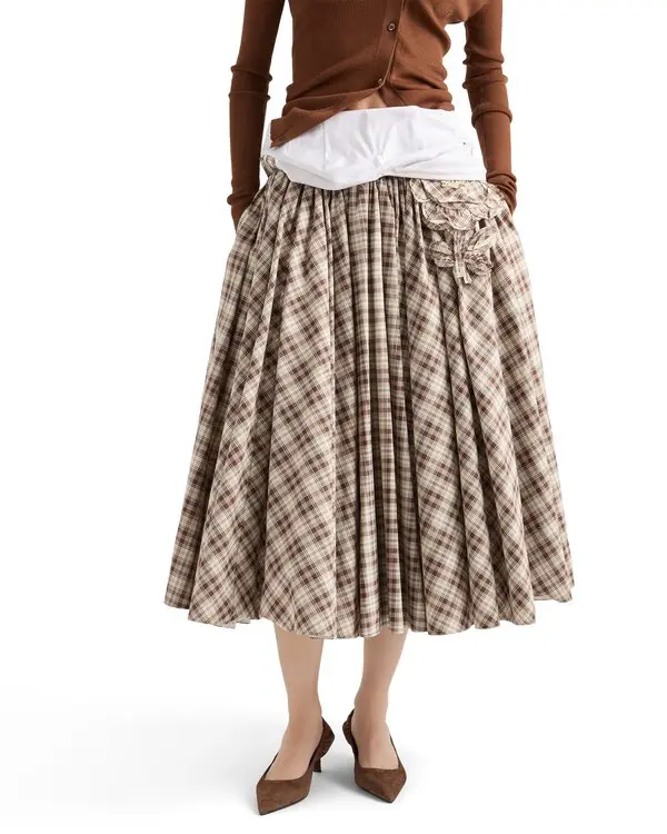 Prada Embroidered Checked Poplin Dress - Neutral