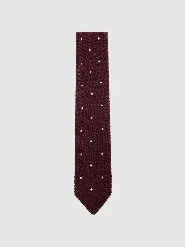 REISS Punto Spot Silk Knitted Pin-dot Tie - Burgundy