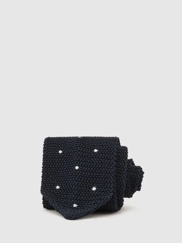 REISS Punto Spot Silk Knitted Pin-dot Tie - Navy
