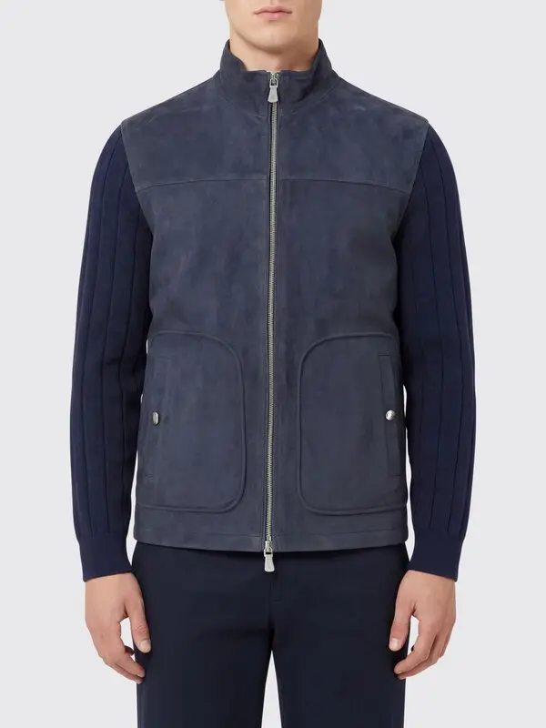 Eleventy Zip-up Suede Jacket With Knit Sleeves - Blue