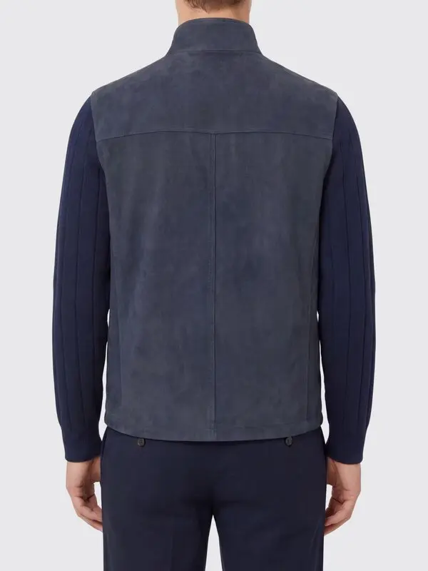 Eleventy Zip-up Suede Jacket With Knit Sleeves - Blue