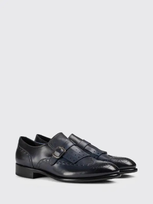 DOUCAL'S Leather Monk Strap Shoes With Brogue Detailing And Fringe - Blue