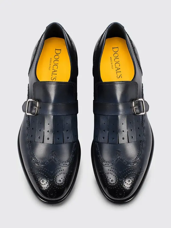 DOUCAL'S Leather Monk Strap Shoes With Brogue Detailing And Fringe - Blue