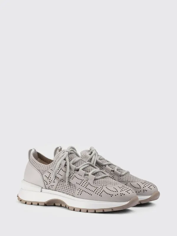 DOUCAL'S Perforated Leather And Crochet Knit Lace-up Sneakers - Ice
