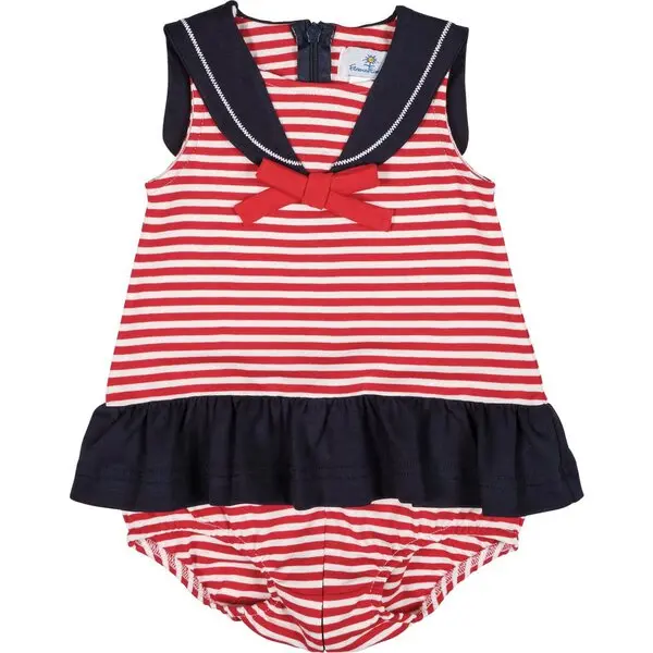 FLORENCE EISEMAN Stripe Knit Romper With Sailor Collar - Red/navy