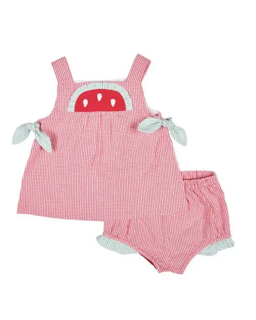 FLORENCE EISEMAN Seersucker Dress & Bloomer Set With Watermelon Appliqu - Red/white