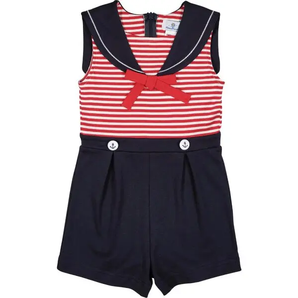 FLORENCE EISEMAN Stripe Knit Romper With Sailor Collar - Red/navy