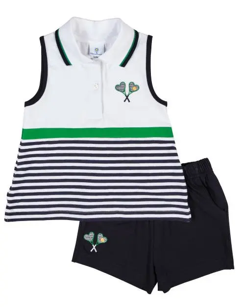 FLORENCE EISEMAN Knit Short Set With Embroidered Tennis Rackets - Navy/white