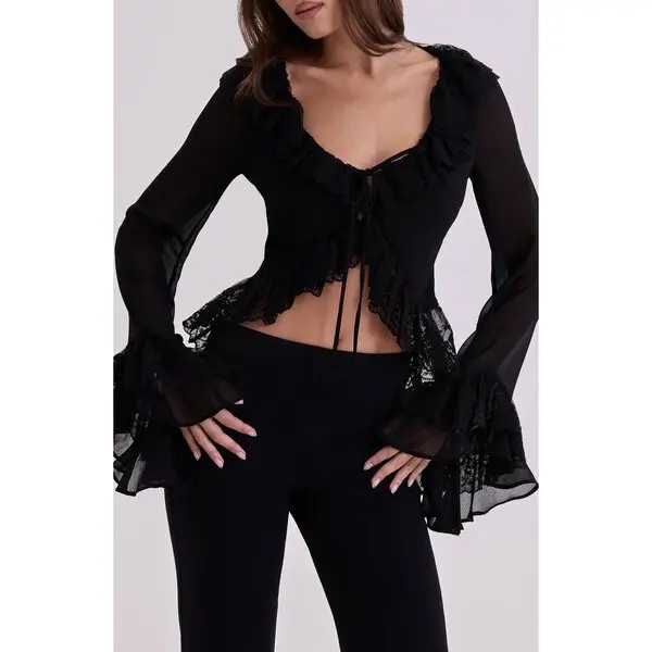 House Of Cb Goya Ruffle Lace Trim Top - Black