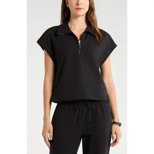 Zella Tempo Terry Half-zip Short-sleeve Sweatshirt - Black