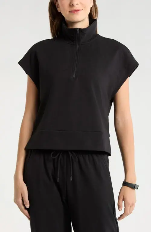 Zella Tempo Terry Half-zip Short-sleeve Sweatshirt - Black