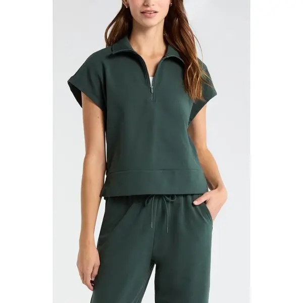 Zella Tempo Terry Half-zip Short-sleeve Sweatshirt - Green Timber