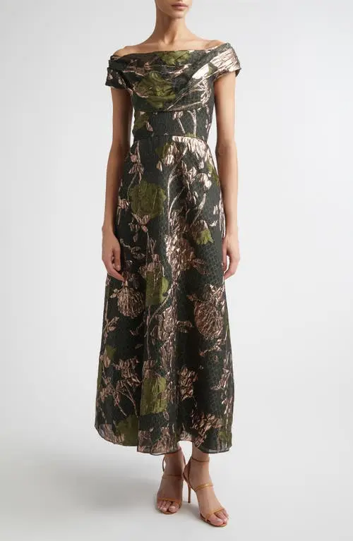 Lela Rose Floral Draped Metallic Fil Coupé Fit & Flare Dress