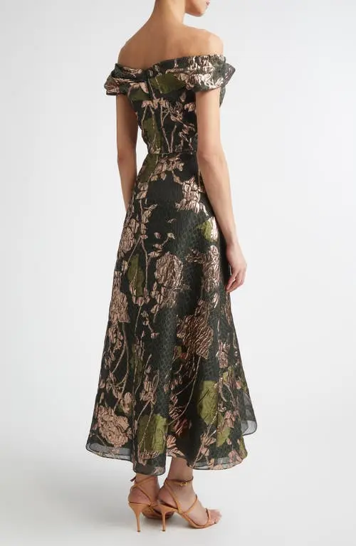Lela Rose Floral Draped Metallic Fil Coupé Fit & Flare Dress