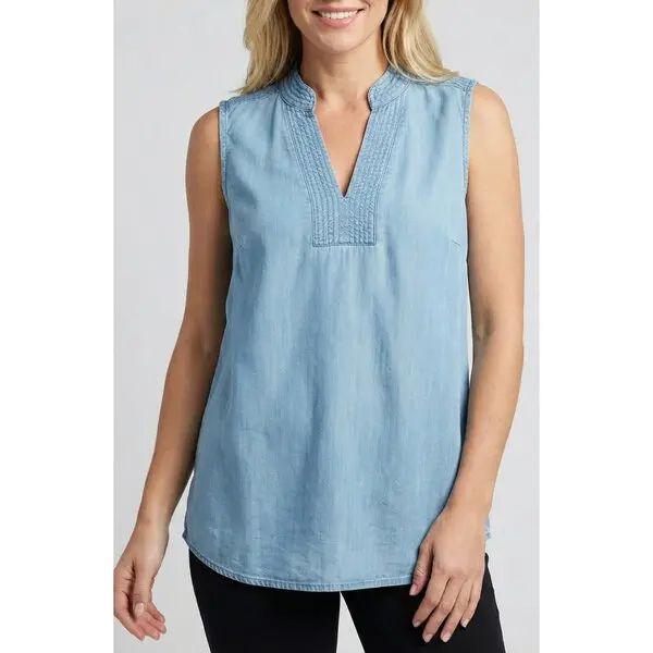 APNY Split Neck Sleeveless Top - Light Indigo