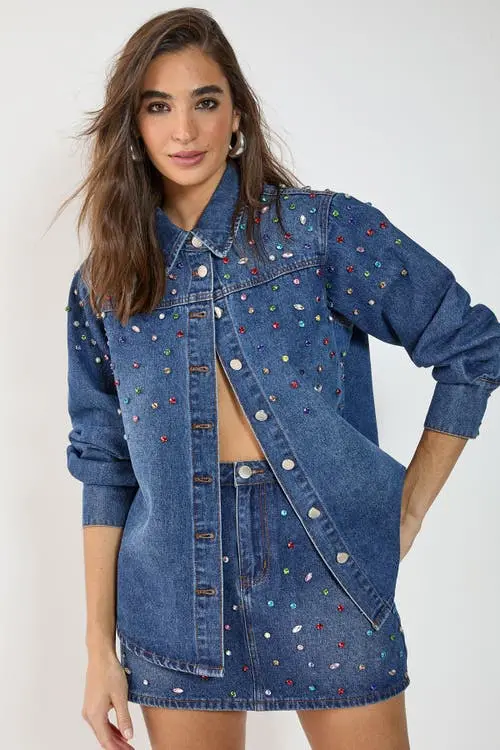 Nasty Gal Denim Embellished Shirt - Authentic Midwash