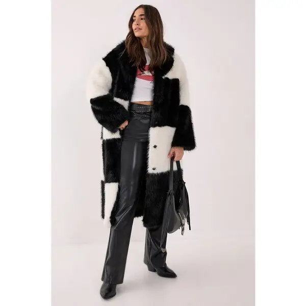 Nasty Gal Collared Faux Fur Coat With Check Pattern - Mono