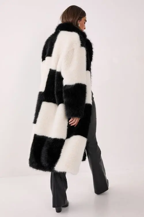 Nasty Gal Check Faux Fur Coat